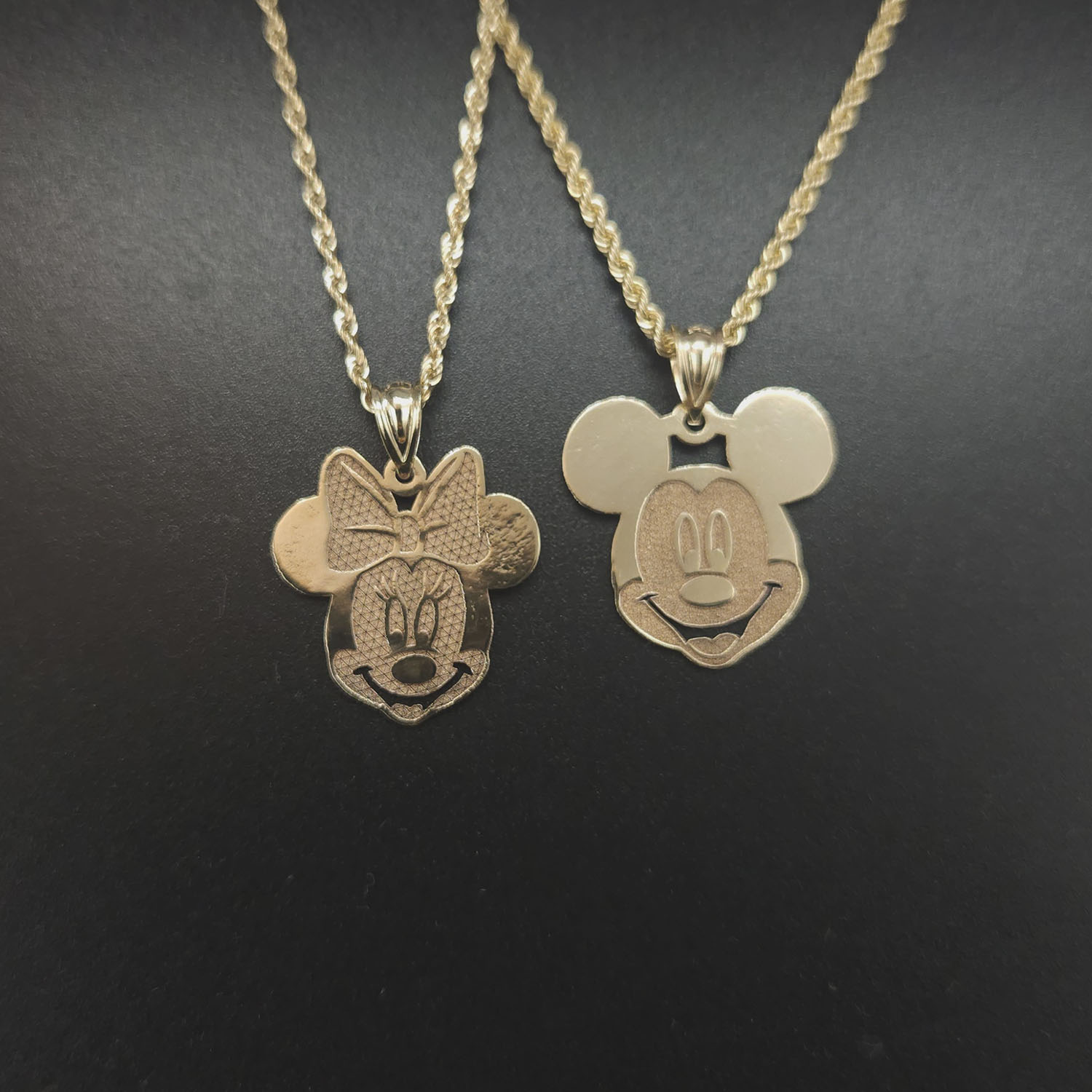 10K Gold Mickey & Minnie Charms – Polished Cut-Out Character Pendants